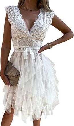 ORANDESIGNE Femme Robe Été Dentelle Col V sans Manches Robe Courte Mini Robe De Plage Manches Longues Dentelle Robe M Blanc M