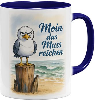 OM3 lustige M&ouml;we Aquarell Kaffee-Tasse mit Spruch - Moin das muss reichen - Maritim K&uuml;ste Norddeutschland - Keramik Becher - 325ml - Beidseitig Bedruckt -