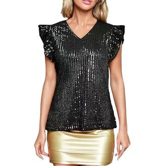 Generic Top femme paillet&eacute; femme top chatoyante &agrave; la mode, manches &agrave; rabat, tee-shirt scintillant, &eacute;l&eacute;gant tunique paillet&eacute;, &agrave; la mode, slim fit, sans manches
