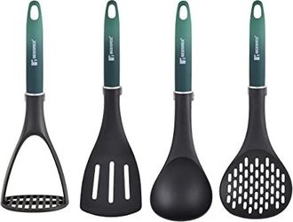 Bergner Classique | 4er-Set Küchenutensilien mit Spatel, Schaumlöffel, Schöpflöffel und Kartoffelpresse | Mit grünem Griff | Stabile Utensilien | Mit Aufhänge