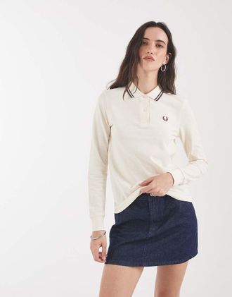 Fred Perry polo &agrave; manches longues &agrave; double liser&eacute; &eacute;cru avec liser&eacute; prune-Blanc