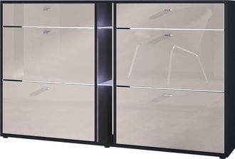 Vladon Schuhschrank Schuhkipper Today 155,5 x 95 x 28 cm, mit wei&szlig;er LED Beleuchtung, Made in Germany, Korpus in Schwarz matt, Fronten in Sandgrau Hochglanz