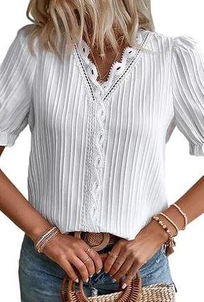 Cupshe Haut pour femme avec manches bouffantes et dentelle, col en V, manches courtes, chemisier tendance en dentelle, Blanc., S