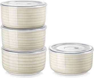VANCASSO Lot de 4 Bols en Grès avec Couvercles Hermétiques - 1080 ml, Stockage Alimentaire et Service - idéal pour Meal Prep, Salades, Céréales - Design Élégan
