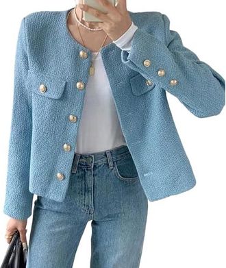 Generic Blazer Court en Tweed pour Femme, idéal pour lautomne et lhiver, avec col Rond élégant et Tenue décontractée Chic