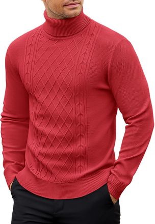 Coofandy Strickpullover Herren Pullover Rollkragen Pulli Turtleneck Pullover Zopfmuster Rollkragenpullover Langarm Herrenpullover Rot XXL