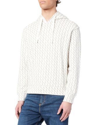 A|X Armani Exchange Mens Essential, All Over Logo Hooded Sweatshirt, Off White/Ash Allover, Small