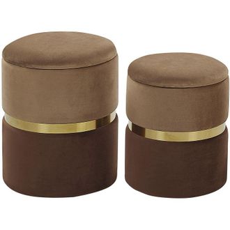 Beliani Lot 2 Poufs Coffres de Rangement en Velours Marron avec Ceinture en Acier Dor&eacute; Id&eacute;als pour Chambre ou Salon au Design Glamour et Chic Beliani