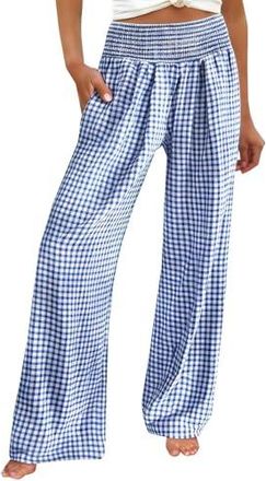 Generic Pantalon &agrave; jambes larges pour femme - Taille haute - Jambe droite - Pantalon Palazzo d&eacute;t&eacute; l&eacute;ger &agrave; carreaux - Pantalon de plage &agrave; carreaux - Pantalon d