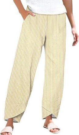 Generic Pantalon Leger Ete Femme Fluide Ample en Lin pour Pantalon en Lin Ray&eacute; pour Femme D&Eacute;t&eacute; D&eacute;contract&eacute; &Agrave; Jambes Larges avec Poches Court et Baggy Taille H