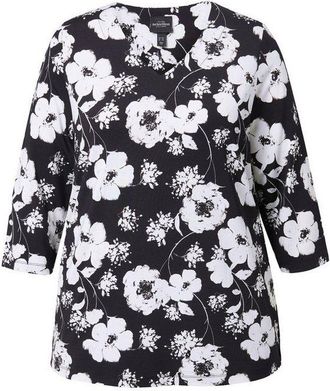 Ulla Popken T-Shirt Slinky-Shirt Bl&uuml;ten Classic V-Ausschnitt 3/4-Arm