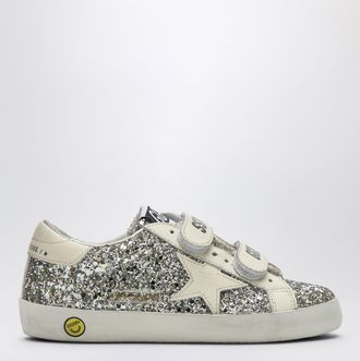Golden Goose Platin/cremefarbener flacher Sneakers Old School mit Glitzer