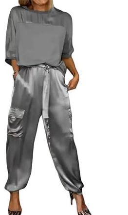 Generic Ensemble de pantalons en satin, ensemble haut &agrave; manches mi-longues et pantalon en satin lisse, ensemble 2 pi&egrave;ces pour femme, ensemble confortable et d