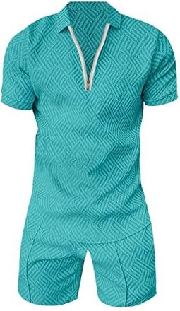 Generic Survêtement dété pour homme - Grandes tailles - En coton - Manches courtes - 2 pièces - Chemise courte - Polo respirant - 2 pièces, Vert menthe., XXXX