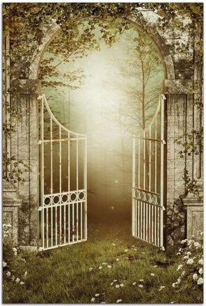 Wallario Outdoor-Poster für Garten oder Balkon Tor in den Wald, Motivbanner Größe: ca. 60 x 90 cm, Outdoor-Bild