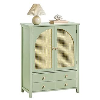 SoBuy Meuble de Rangement Entr&eacute;e Commode Buffet - Armoire &agrave; Chaussures avec 4 Tiroirs en Ploy Rotin et 2 Portes - pour Salon Entr&eacute;e Couloir - Vert 70x34x90c