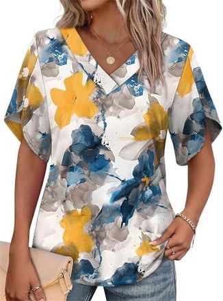 Generic T-shirt d&eacute;t&eacute; &agrave; col en V pour femme, tendance, d&eacute;contract&eacute;, habill&eacute;, &agrave; manches courtes, haut l&eacute;ger, extensible, pour lautomne, Couleur B, XXL