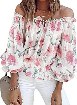Onsoyours Chemisier Femme Epaule Dénudée Grande Taille Blouse Haut Sexy Top Epaule Nu Chemisier Col Bandeau Tee-Shirt Imprimée Fleurie Fluide Chic Tops A Blanc 