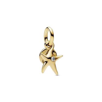 Pandora Moments Doppelter Seestern Charm-Anh&auml;nger aus 14 Karat Vergoldetem Sterling Silber mit Zirkonia, Kompatibel Me und Moments Anh&auml;nger, 763892C01