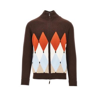 Ballantyne Cardigan en cachemire &agrave; motif losanges - Homme - Pulls - Brun - Taille: S
