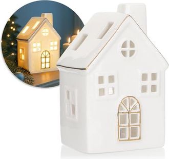 Com-Four Maison LED en Porcelaine - Maison Lumineuse &agrave; Piles - Maison Lumineuse d&eacute;corative Blanche Brillante pour la d&eacute;coration dhiver et de No&euml;l (Maison - 13c