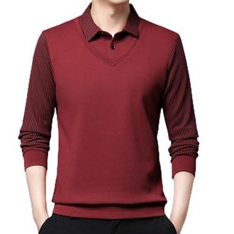 Generic Chemise en tricot &agrave; manches longues pour homme avec revers ray&eacute;, Rouge, XXL