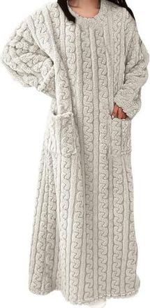 Generic Chemise de nuit longue en flanelle pour femme - Pyjama épais en polaire chaude à col rond avec poches - Chemise de nuit ample à manches longues - Soli
