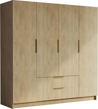 Mirjan24 Kleiderschrank Sozor I 200, Schrank, Garderobe, Organizer, 4-türig, 2 Schubladen für mehr Stauraum, Aluminiumgriffe, gedämpftem Schließsystem (Eiche C