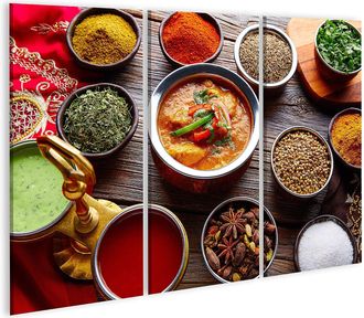 Islandburner Bild auf Leinwand Huhn Jalfrazy Indisches Essen Rezept Gewürze Holztisch 116A Bilder Wandbilder Poster GCOP-3P