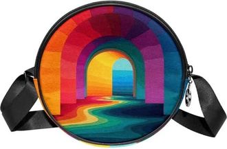 Generic Sac &agrave; bandouli&egrave;re rond pour femme, petit sac &agrave; bandouli&egrave;re artistique arc-en-ciel avec fermeture &eacute;clair, bretelles r&eacute;glables, sac &agrave; main rond d&eacute;contra