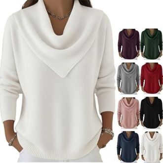 Generic Pull confortable r&eacute;tro &eacute;l&eacute;gant &agrave; col b&eacute;nitier pour femme, couleur unie, pull tricot&eacute; triangulaire, d&eacute;contract&eacute;, manches longues, style haut dhiver, bl