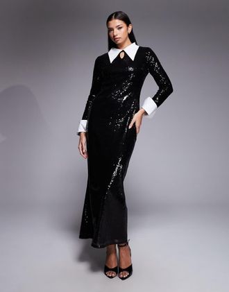 Daska Maxikleid in Schwarz mit Paillettenbesatz und Kragendetail