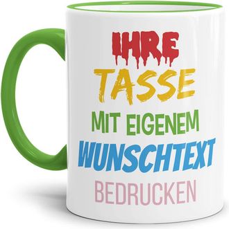 Tassendruck Tasse selbst gestalten/mit eigenem Text beschriften/Wunsch-Name/Spruch-Tasse/Rand & Henkel Hellgrün/Links & Rechts vom Henkel Bedruckt
