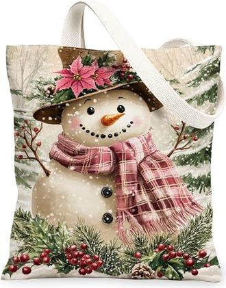 Generic Sacs fourre-tout en toile motif bonhomme de neige dhiver, sacs d&eacute;picerie r&eacute;utilisables, vintage, rustique, l&eacute;ger, lavable, blanc, 13x15 Inch