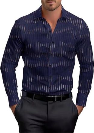 Generic Chemise ray&eacute;e pour homme &agrave; manches longues boutonn&eacute;e d&eacute;contract&eacute;e col revers personnalis&eacute; coupe ajust&eacute;e confortable chemise respirante v&ecirc;tements de sp