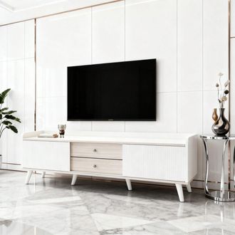 Generic TV-Schrank 160x40x58 cm in Weiß/Holzfarbe | Mit 2 Schubladen & 2 Schiebetüren | Niedriges TV-Board mit exquisiter Textur | Modernes Fernsehmöbel