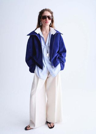 Mango Veste en daim &agrave; col chemin&eacute;e bleu - Femme - S - MANGO
