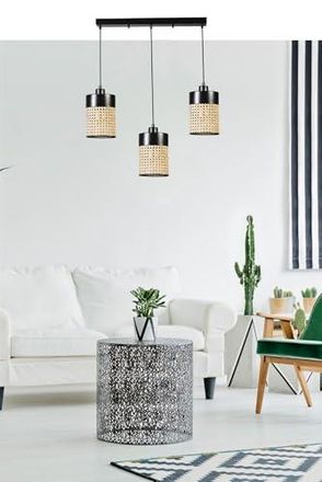 Opviq Elegant Rattan & Metal Chandelier, Adjustable Height 70 cm, 14 cm Cap Diameter, E27 Socket, Stylish Black & Natural Rattan Design for Modern Spaces