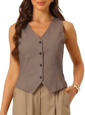 Allegra K Blazer sans Manches Femme Gilet Boutonné de Bureau Col en V Veste Courte Gilet de Costume Blazer daffaire Café M