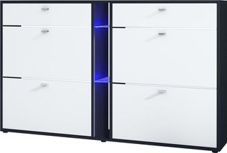 Vladon Schuhschrank Schuhkipper Today 155,5 x 95 x 28 cm, mit Blauer LED Beleuchtung, Made in Germany, Korpus in Schwarz matt, Fronten in Wei&szlig; matt