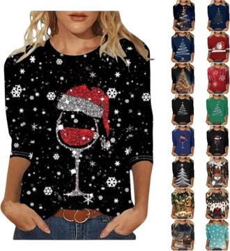 Generic Weihnachtsshirt Damen 3/4 &Auml;rmel &Uuml;bergr&ouml;&szlig;e T-Shirts Winter Elegant Weihnachtspulli Baumwolle Weihnachts Pullover Lustig Weihnachtskleidung Ugly Christm