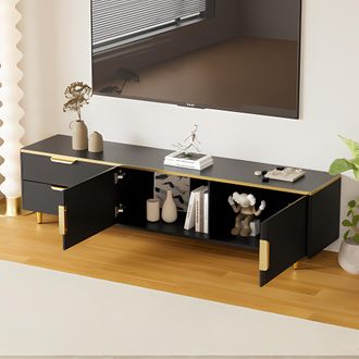 Generic TV Schrank Lowboard mit geschnitzter Textur TV M&ouml;bel mit goldenen Griffen und Metallf&uuml;&szlig;en Medienkonsole mit Staurauml&ouml;sung und Marmorstruktur f&uuml;r Wohn