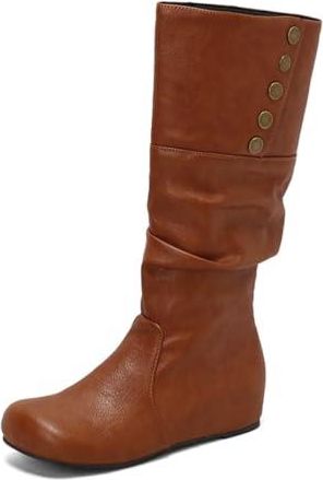 Generic Bottes Femmes Hautes Au Genou Évasées avec Boutons Décoratifs Talons Compensés Cachés Bout Rond Bottes Casual Quotidiennes De Mode,Jaune,34 EU