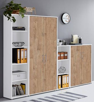Furnitive home24 Schrankwand 4-teilig 85 x 186 x 33cm Weiß/Eiche Sanremo Dekor/Weiß