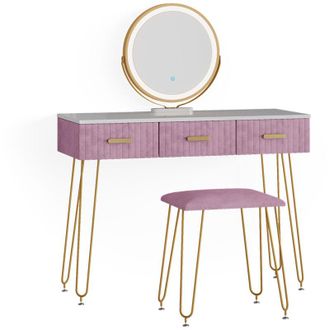 Vicco Coiffeuse Layla, Rose, 100 cm avec &eacute;clairage led et tabouret