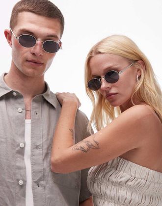 Le Specs Poseidon Deux - Runde Sonnenbrille aus Metall in Silberoptik und Schwarz