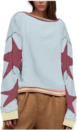 Generic Sweat &agrave; capuche athl&eacute;tique &agrave; col rond pour femme &agrave; manches longues Y2K coupe ample style sportif &eacute;paules tombantes graphique r&eacute;tro confortable pull mi