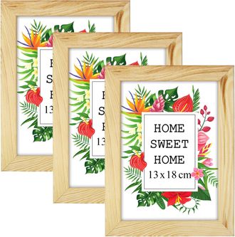 MG Design Set aus 3 Natural Bilderrahmen 13 x 18 cm - Aus echtem Holz mit Acrylglas, zum Aufhängen & Aufstellen, für Fotos, Poster & Puzzle