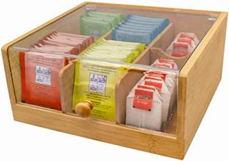 Nerthus Kitchenware FIH 678 Tee-Organizer aus Bambu Natural, Aufbewahrungsbox für Teebeutel, 6 Fächer, Bambus, durchsichtig