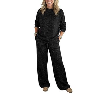 Generic Ensemble 2 pi&egrave;ces confortable avec sweat-shirt et pantalon brillants &agrave; col rond pour femme, v&ecirc;tements de nuit d&eacute;contract&eacute;s pour les vacances &agrave; la mais